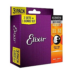 Elixir Strings, Acoustic Guitar Strings, 80/20 Bronze with NANOWEB Coating, Longest-Lasting Bright and Focused Tone with Comfortable Feel, 6 String Set, 3 Pack, Custom Light 11-52