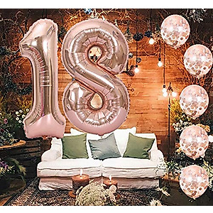 Number 18 and Rose Gold Confetti Balloons, 40 Inch Rose Gold Number 18 Balloon with 5PCS 12 Inch Rose Gold Confetti Balloons for 18th Birthday Party Decorations 18th Anniversary Decoration