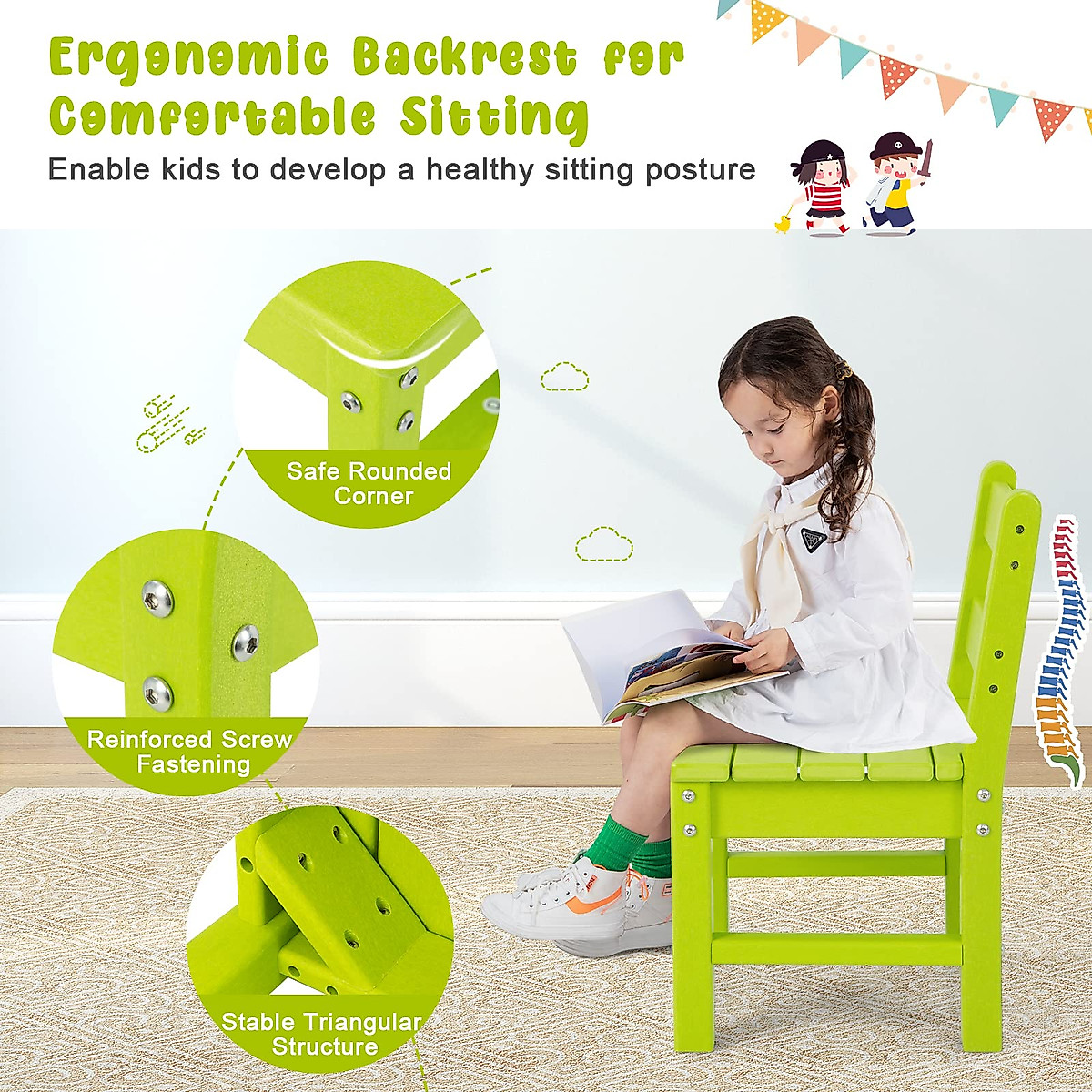 Costzon Kids Chair, 2PCS All-Weather & Heavy-Duty Children Learning Chairs w/Backrest for Playroom, Nursery, Backyard, Garden, Indoor & Outdoor Gift for Boys Girls, Waterproof Toddler Chair (Green)