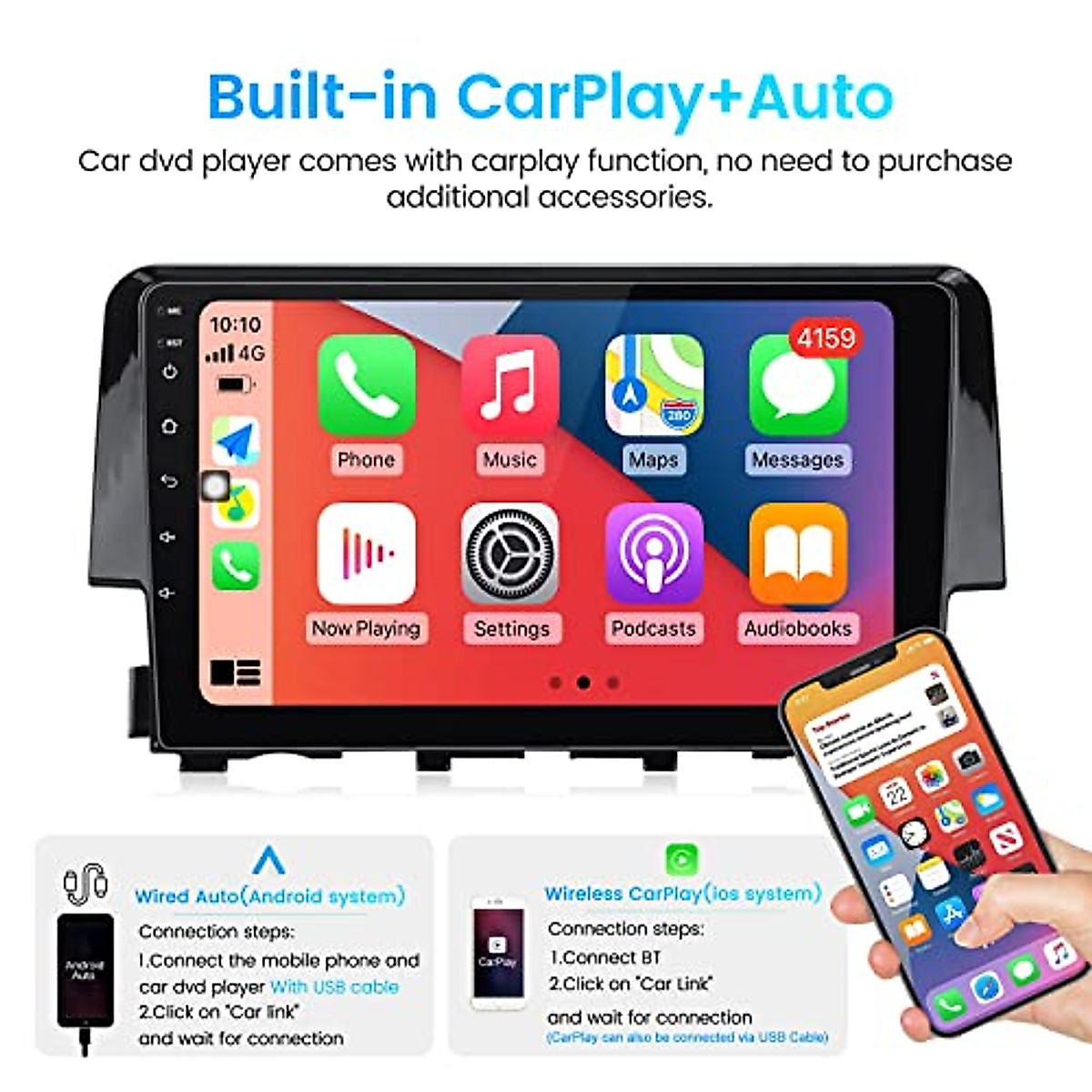 Biorunn Android 11 Car Stereo Radio for Honda Civic 2016 2017 2018 2019 2020,Built-in Car-Play Android Auto GPS Navigation Touch Screen Head Unit, FM AM RDS DSP 4G RAM 64G ROM