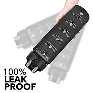 GOSWAG 32oz Motivational Water Bottles with Time Marker and Fruit Strainer, Sports Water Bottle with Times to Drink, Leakproof, Reusable Plastic Bottle with Strap no Straw for Gym, School