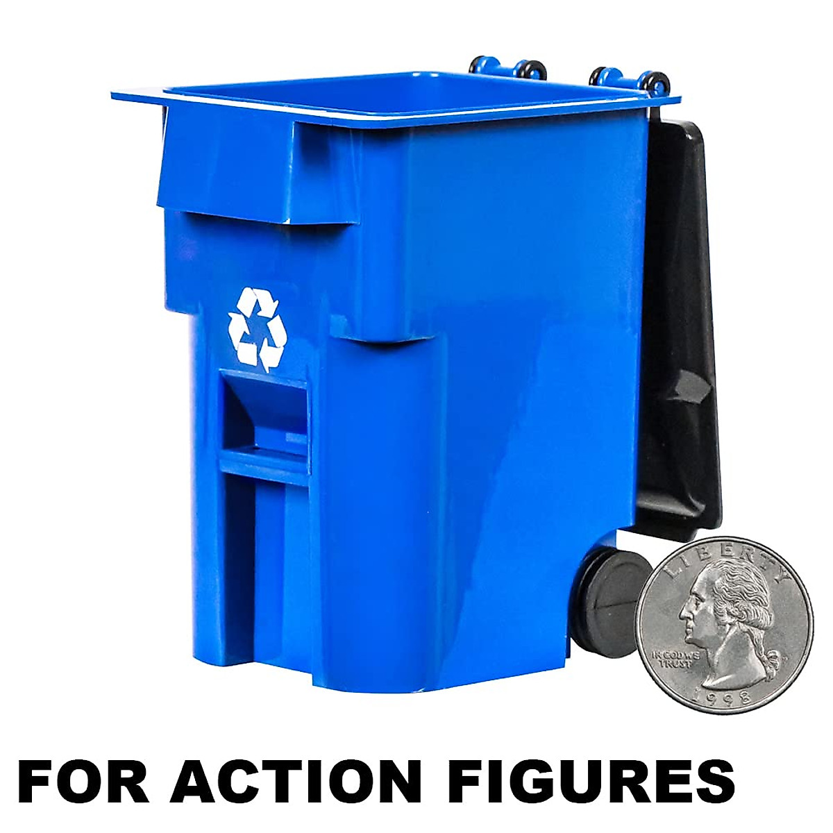Miniature Toy Blue Recycling Trash Can with Lid & Wheels for Wrestling Action Figures