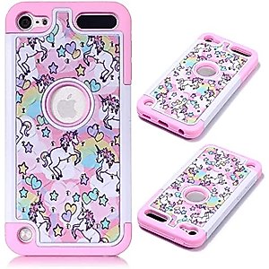 Apple iPod Touch 6,7th Case, iPod 7th Case, Rainbow Unicorn Pattern Shockproof Studded Rhinestone Crystal Bling Hybrid Case Silicone Protective Armor for Apple iPod Touch 6 7th Generation