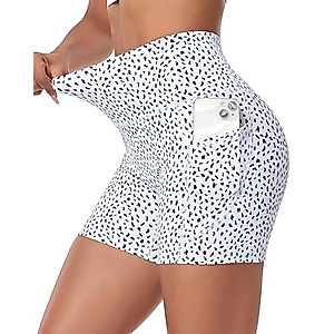 HERRLA Womens High Waisted Biker Shorts Athletic Yoga Gym Running Workout Shorts with Pockets for Summer (Large, Leopard)