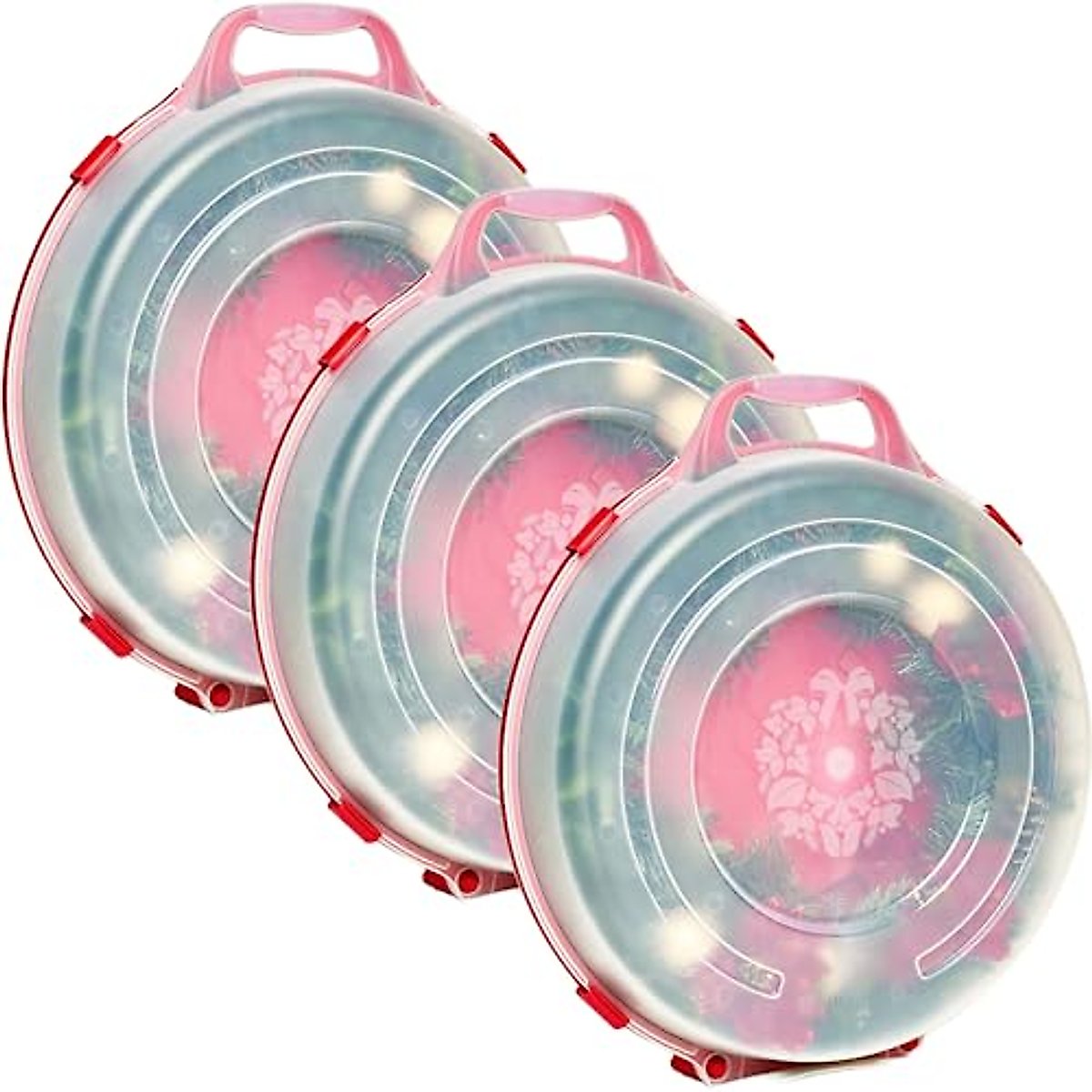 HOMZ Set of 3 Holiday Wreath Plastic Storage Containers, Holds Up to 24” Diameter, Secure Latching Lid and Easy Grip Handle, Stackable and Nestable, Red/Clear