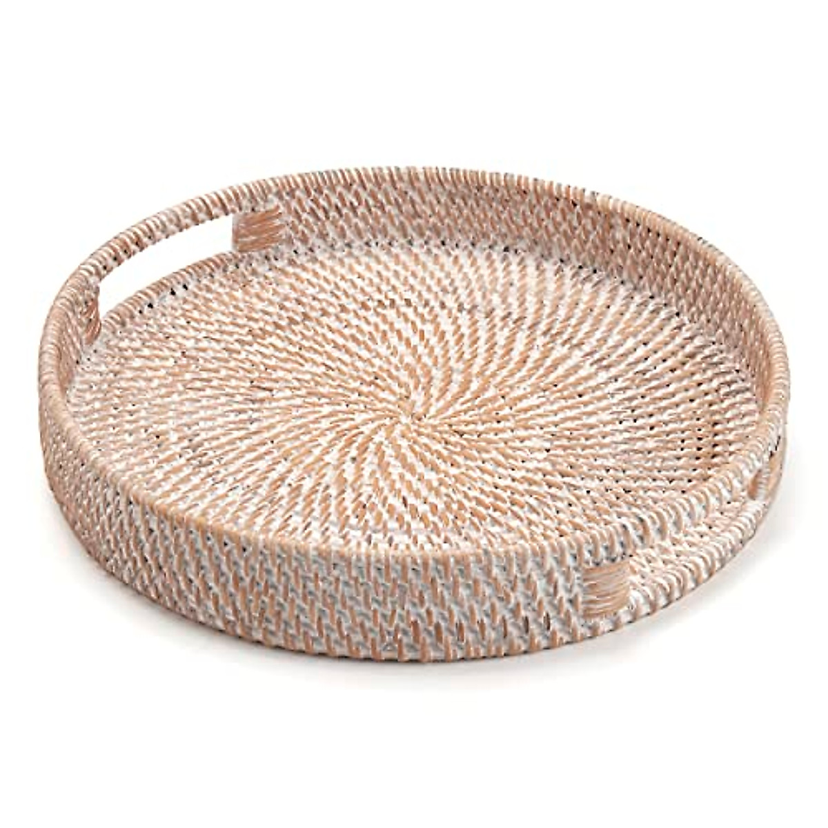 Round Rattan Serving Tray Decorative Woven Ottoman Trays with Handles for Coffee Table White (Small 11.8 inch x 2.4 inch)