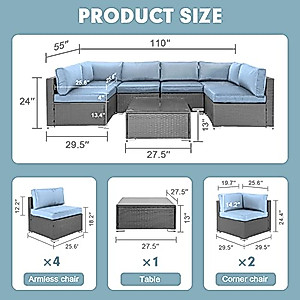 SOLAURA 7-Piece Outdoor Patio Furniture Set, Gray Wicker Conversation Furniture Modular Sectional Sofa Set with YKK Zipper &Coffee Table - Sky Blue