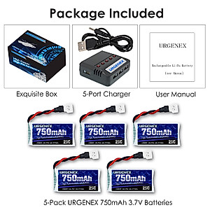 URGENEX 3.7V Lipo Battery 750mAh 25C Rechargeable 5 Pack Lipo Batteries with Molex Plug 5 in 1 Charger for Syma X5 X5SW X5C X5C1 RC Quadcopter Drone Spare Parts