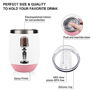 Vintage Microphone Printed Thermos Cup Stainless Steel Travel Mugs Stemless Double Wall Insulated Coffee Cup Insulated Wine Glasses Travel Tumbler for Cold & Hot Drinks