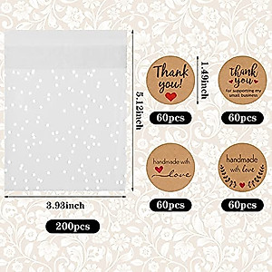 Zonon 200 Pieces Clear Cookie Bags Self Adhesive Cellophane Treat Bags, White Polka Dot Frosted Candy Bags and 240 Pieces Thank You Love Sticker for Cookie Chocolate Jewelry