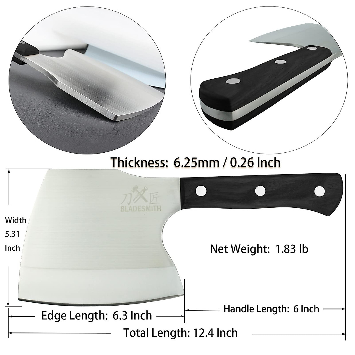 BLADESMITH Bone Knife, Super Heavy Duty Meat Cleaver for Big Bones and beef bones, Axe Blade Shape, 2lbs -7mm Thickness high Carbon Steel, Black wood Handle,2023 Gifts