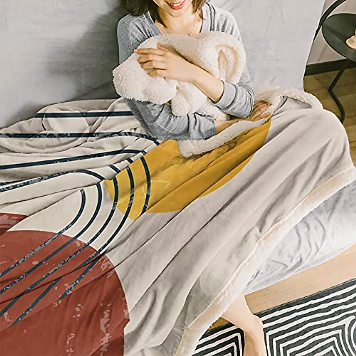 Possta Decor Mid Century Sherpa Blanket Flannel Retro Bed Throw Abstract Geometry Microfiber Thick Shaggy Throw Fluffy Fuzzy Boho Sun Warm Blanket for Sofa Bed Couch Travel Camping 40x50In