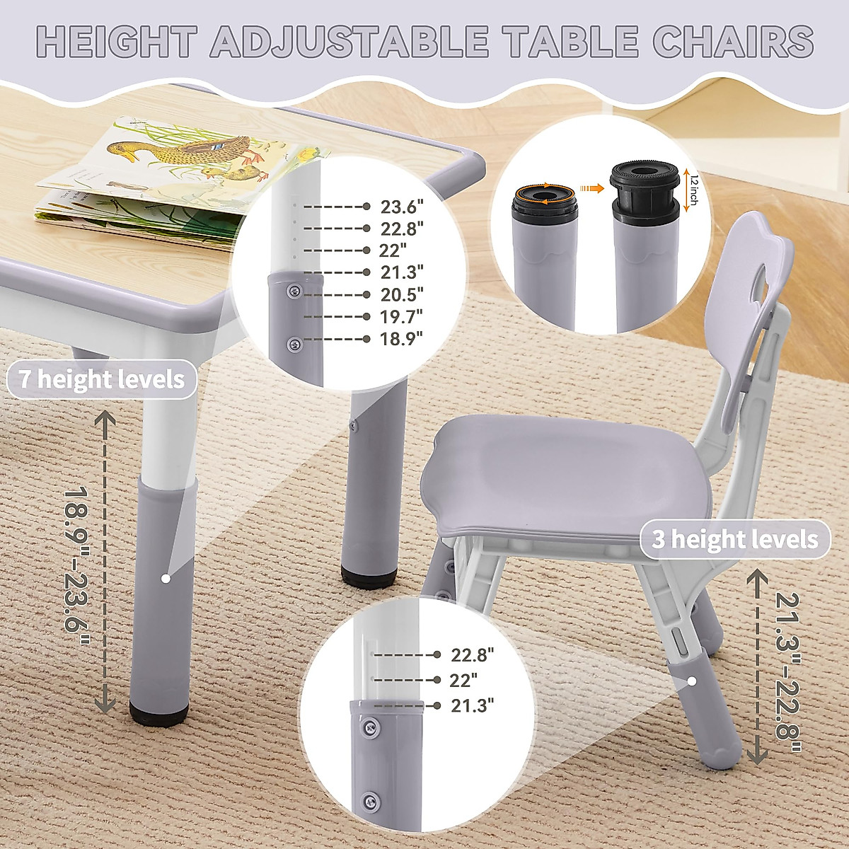 GITAWUSA Kids Study Table and Chairs Set, Height Adjustable Toddler Table and Chair Set for Kids Ages 3-8, 31.5" L x 23.6" W Graffiti Desktop Plastic Children Art Table with 2 Seats, Grey