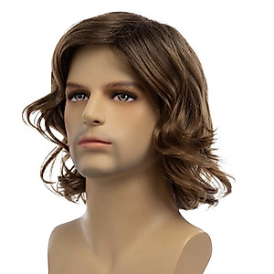 Beweig Mens Brown Wig Short Curly Side Part Synthetic Hair Replacement Wig for Daily Party Costume Halloween