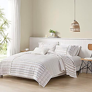 INK+IVY Salar Cotton Quilt Set - Stripe Patchwork Design with Fringe Trim Accent, Prewashed Coverlet, All Season, Breathable and Lightweight Cover, Cozy Summer Blanket, Full/Queen Natural 3 Piece