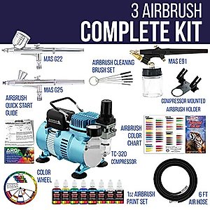 Master Airbrush Cool Runner II Dual Fan Air Compressor Professional Airbrushing System Kit with 3 Airbrushes, Gravity and Siphon Feed - 6 Primary Opaque Colors Acrylic Paint Artist Set - How to Guide