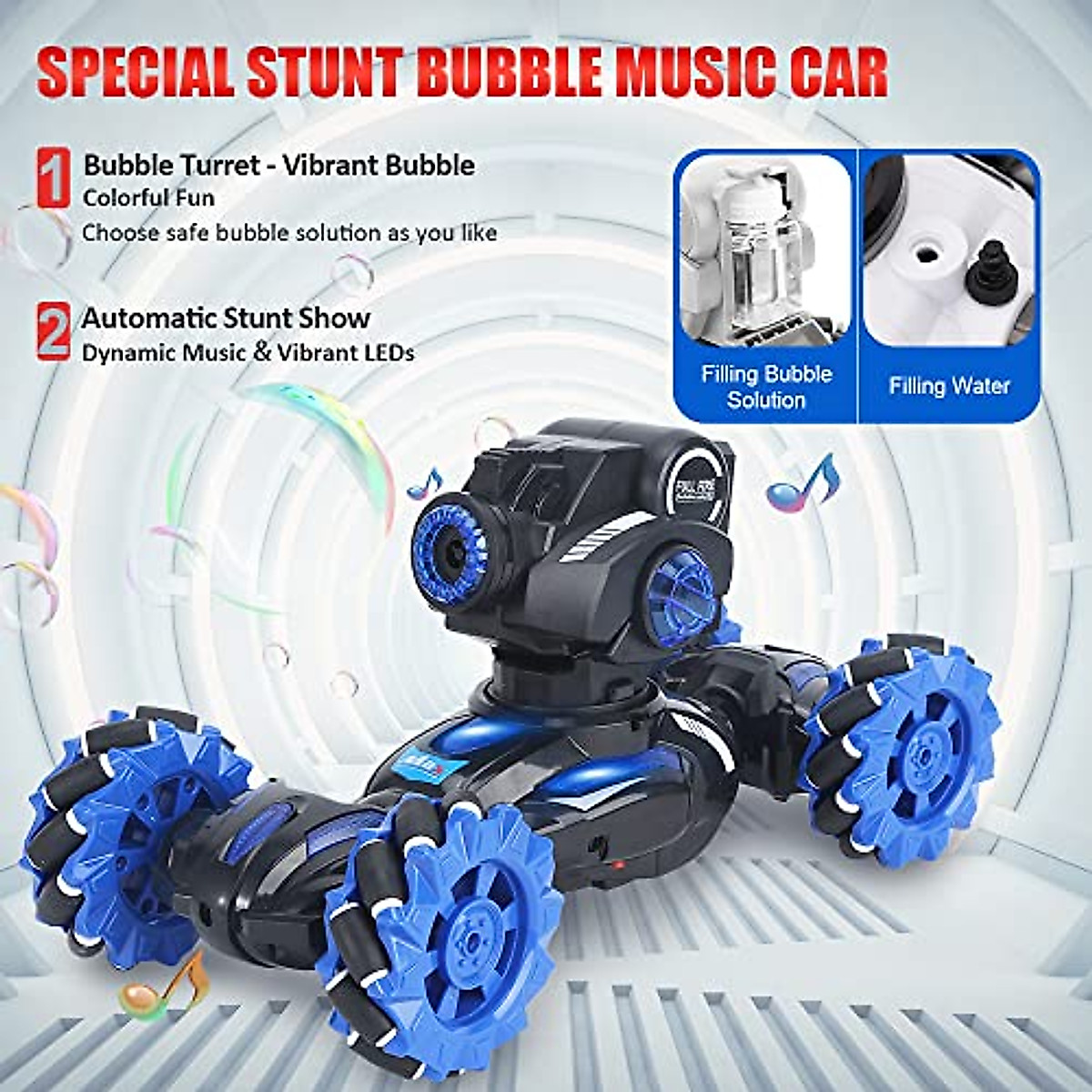 CXJ RC Tank Car, 3 Turret Remote Control Car, RC Tank That Shoots Water Bullets, 4WD RC Stunt Car with Chase Light Control, Bubble, Spray, 360°Rotating, LEDs Music, Toy Gifts for 8-12 Boys Kids