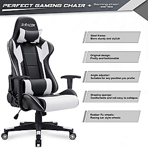Furniwell Gaming Chair PU Leather Office Chair High Back Computer Chair Desk Chair Adjustable Swivel Racing Executive Leather Ergonomic Task Chair with Headrest and Lumbar Support (White)