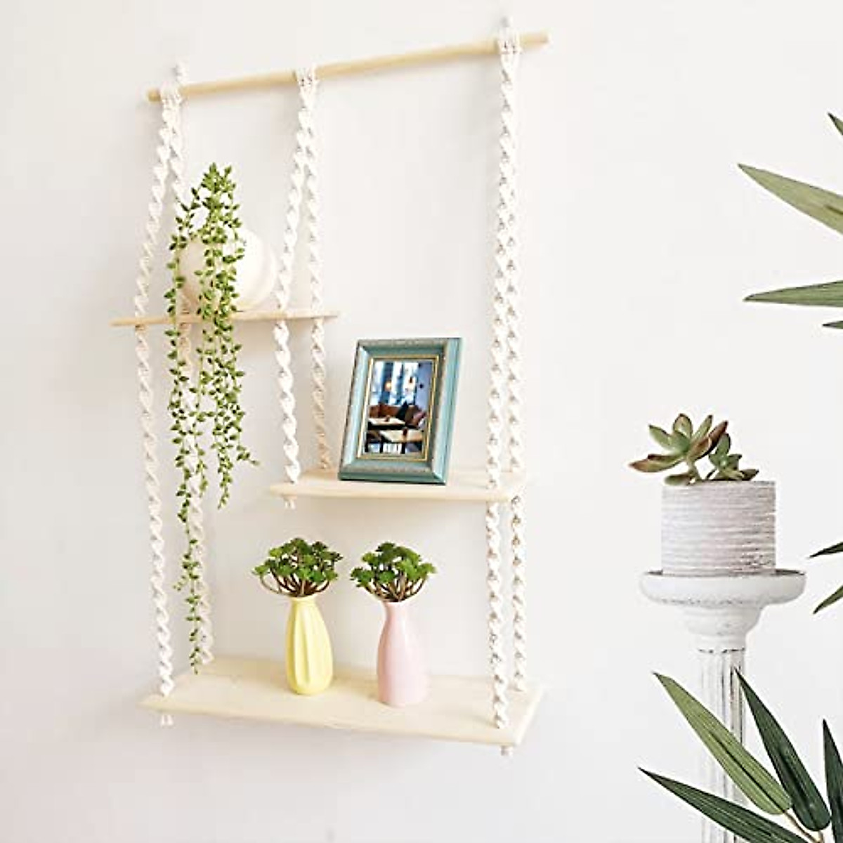 Macrame Wall Hanging Shelf with Three Wooden Shelves Boho Hanging Plant Shelf Boho Wall Decor Hand Woven Natural Rope Floating Shelf for Window Bedroom Bathroom Decorations (Style B)