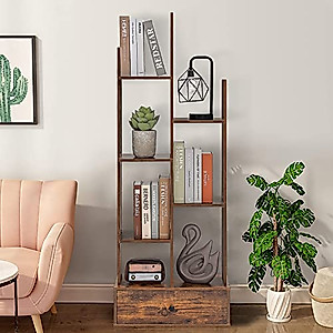 WEENFON Unique Bookcase with 1 Large Drawer, Tree-Shaped Bookshelf with 7 Storage Shelves, Open Standing Bookshelf for Bedroom, Living Room, Office, Rustic Brown