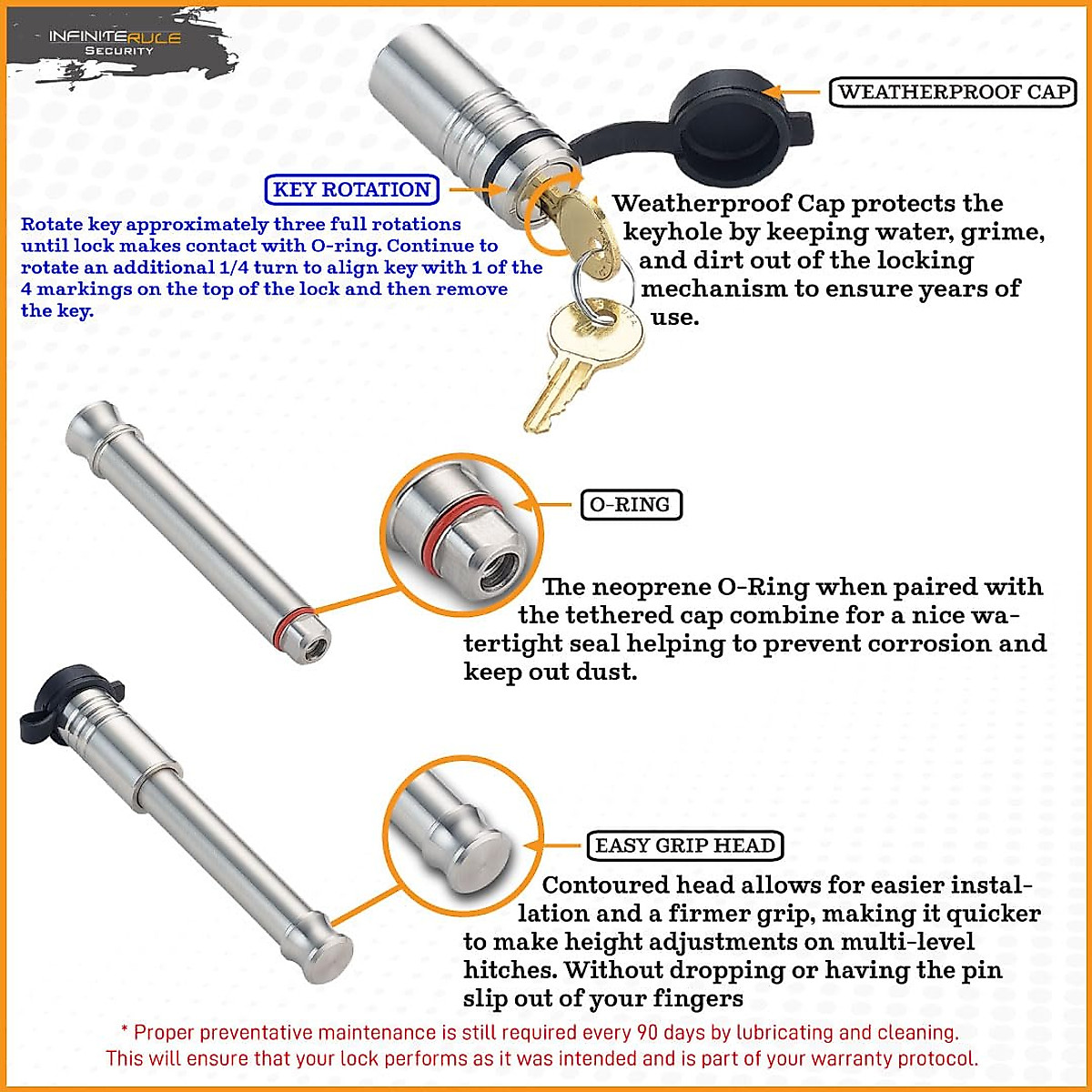 InfiniteRule Security 61775 | 4 Pack Mixed 2.5, Keyed Alike, Hitch Locks for B&W 2.0" & 2.5" Tow & Stow 10K LB & 18K LB - Includes Lock for 2.5" Receiver