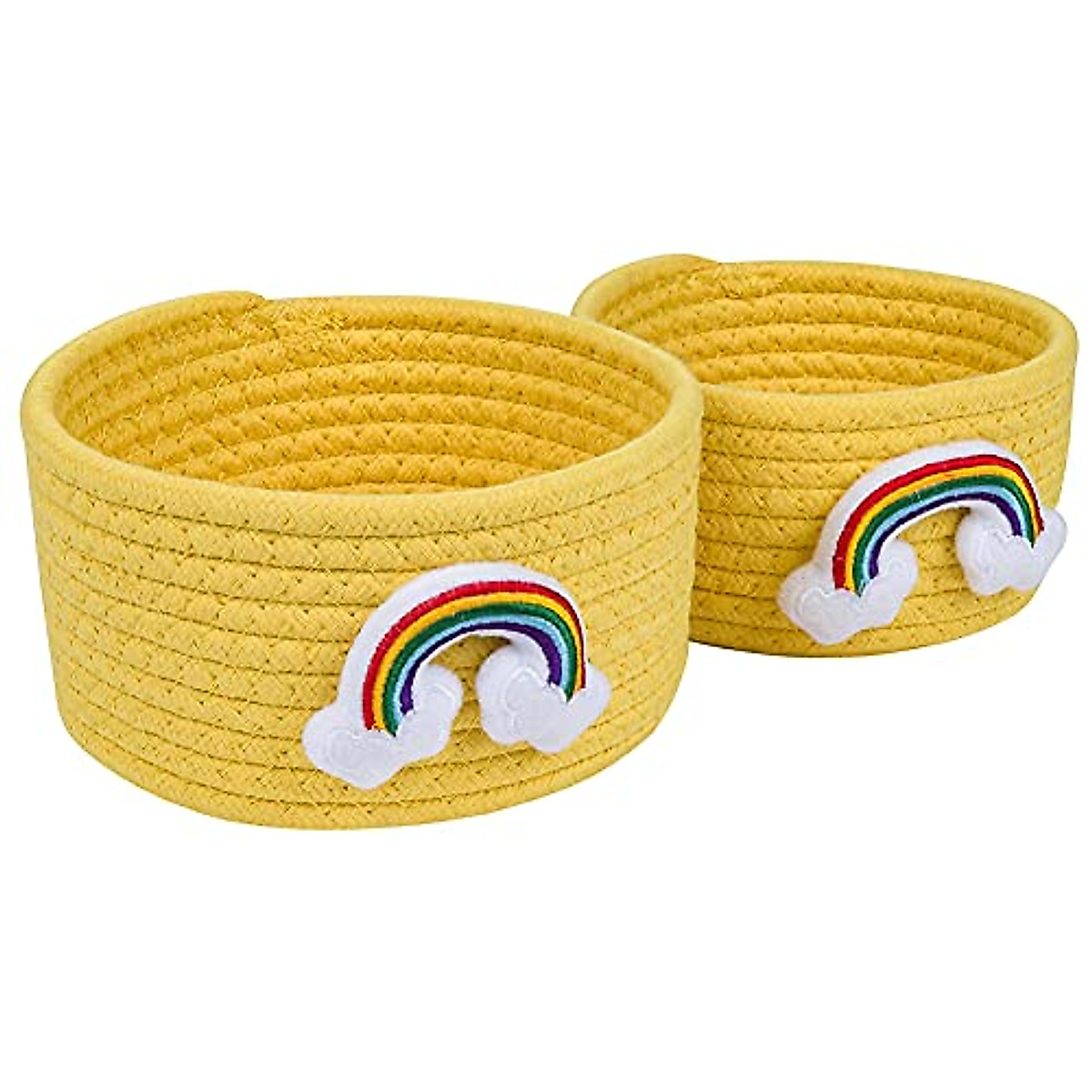 LixinJu Small Basket for Organizing Small Woven Basket Set of 2 Rainbow Small Rope Basket Decorative Mini Storage Bins Round Little for Desk Dog Cat Toy Kids Baby Girls Gifts, Yellow