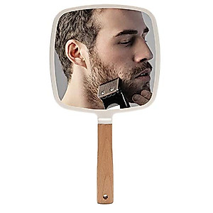 YEAKE Hand Held Mirror with Handle for Makeup,Small Cute Wood Hand Mirror for Shaving with Hole Hanging Single-Sided Portable Travel Vanity Mirror for Men&Women(Square)