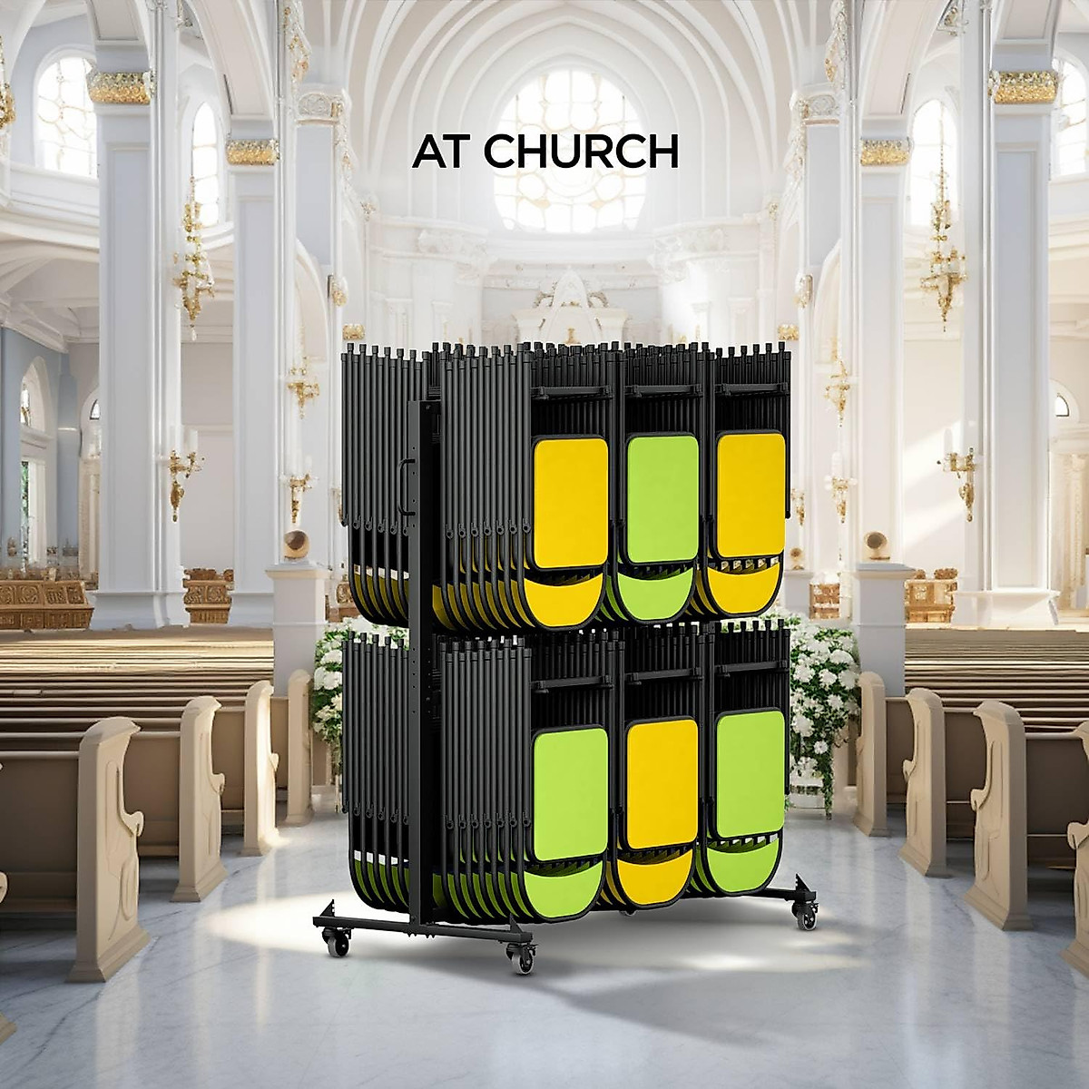 Folding Chair Rack Folding Chair Cart with Capacity 84 Folding Chair Storage Rack 360° Rubber Locking Wheels Weatherproof Cover Mobile Chair Dolly for Stackable Chairs Folding Tables and Chairs