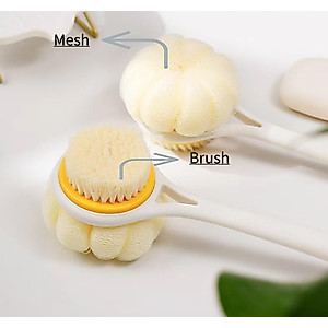 Back Scrubber for Shower, Body Scrubber with Soft Bristles and Loofah, Long Handle Bath Brush Skin Exfoliator Wet or Dry Body Brush, Shower Back Brush for Men Women, Anti Slip Handle, Dual-Sided