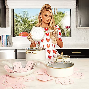 Paris Hilton Epic Nonstick Pots and Pans Set, Multi-layer Nonstick Coating, Tempered Glass Lids, Soft Touch, Stay Cool Handles, Made without PFOA, Dishwasher Safe Cookware Set, 12-Piece, Cream