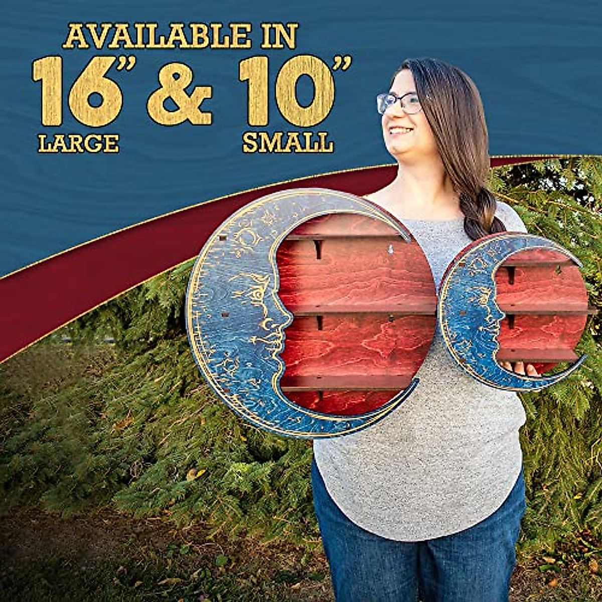 Standish House 10-Inch Handmade Moon Shelf for Stones and Crystal Display - Handcrafted Wood Accent Shelf - Crescent Moon Phase Wall Decor - Enchanting Crystal Display Shelf - Boho Home Decor