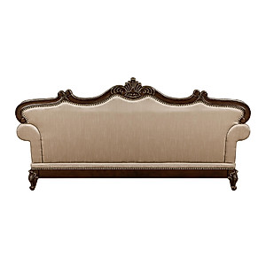 Lexicon Traditional Sofa Couch for Living Room, Rolled Arm Sofa with 5 Accent Pillows, Tufting, Queen Legs in Cherry Finish with Gold Tipping, Upholstered Living Room Furniture, 3 Seater Couch, Brown