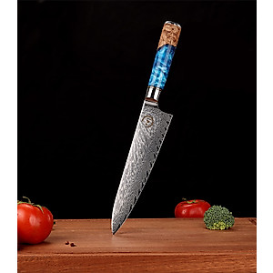 Chef Knife 8 inch, Fukep Damascus Chef Knife VG10 Core Steel with 66-Layers High Carbon Professional Sharp Chefs Knife 8" Blade Ergonomic Beautiful Blue Resin Handle Gift Boxed