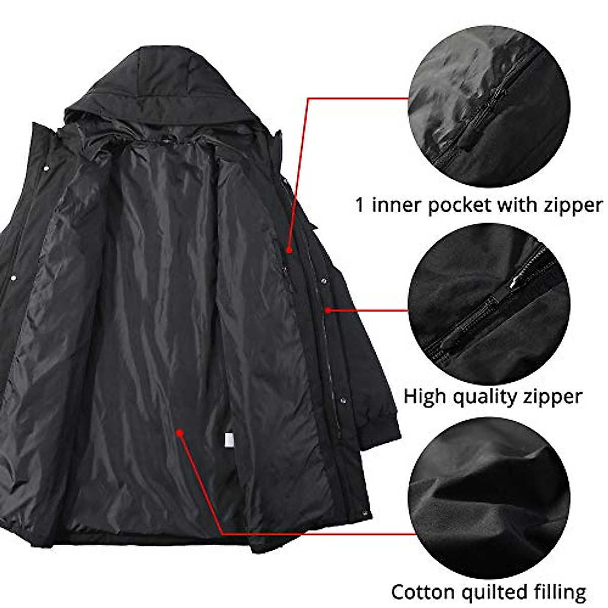 Pioneer Camp Men's Winter Coats Water-Repellent Windproof Thicken Parkas Long Hooded Padded Puffer Jacket (Black, XL)