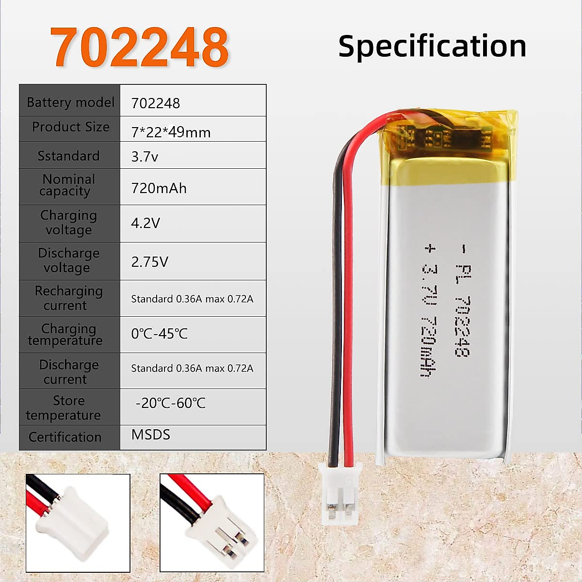 AKZYTUE 3.7V 720mAh 702248 Lipo battery Rechargeable Lithium Polymer ion Battery Pack with PH2.0mm JST Connector
