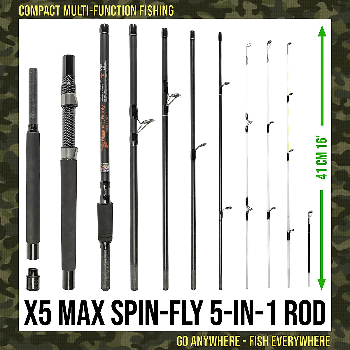 Rigged and Ready X5 MAX Powerful Travel Fishing Rod Super Compact, Multi-Functional Travel Rod. 1 Rod 9 Combinations. 2.70m (8.9’), 2.45m (8’), 2.25m (7.4’) Lengths. Compact 43cm 16.5’ Carry Case.