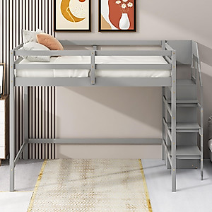 Harper & Bright Designs Full Loft Bed with Staircase and Storage Wardrobe, Wooden Full Size Loft Bed Frame with Storage Shelf, High Full Loft Beds for Kids Boys Girls Teens Dorm Bedroom (Full, Gray)