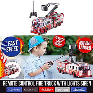 Prextex RC Fire Engine Truck Remote Control 14-Inch Rescue Fire Truck with 12-Inch Ladder and Lights and Sirens Best Gift Toy for Boys Girls