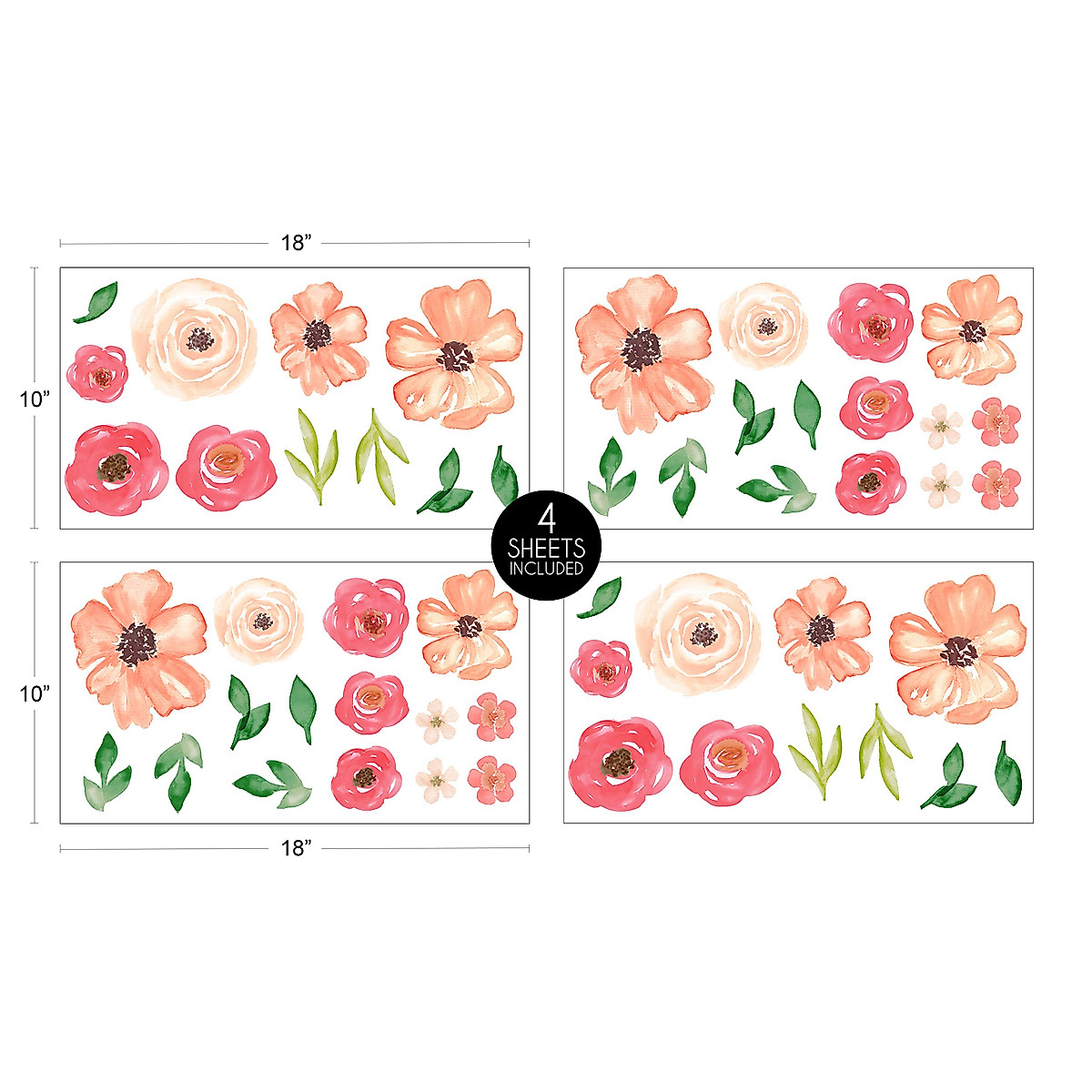 Sweet Jojo Designs Peach, Green and White Wall Decal Stickers for Peach Watercolor Floral Collection - Set of 4 Sheets - Pink Rose Flower