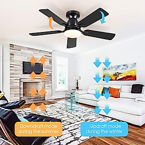 Ceiling Fans with Lights- 46"Low Profile Indoor Ceiling Fan with Light and Remote/APP Control, Flush Mount, LED Dimmable DC Reversible Modern Ceiling Fan for Bedroom（Black）