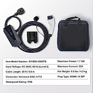 VEVOR Level 2 Portable EV Charger, 32 Amp 240V, Electric Vehicle Charger with 28 ft Charging Cable NEMA 14-50P Plug, 16/20/24/32A Adjustable Current Plug-in Home EV Charging Station for SAE J1772 EVs