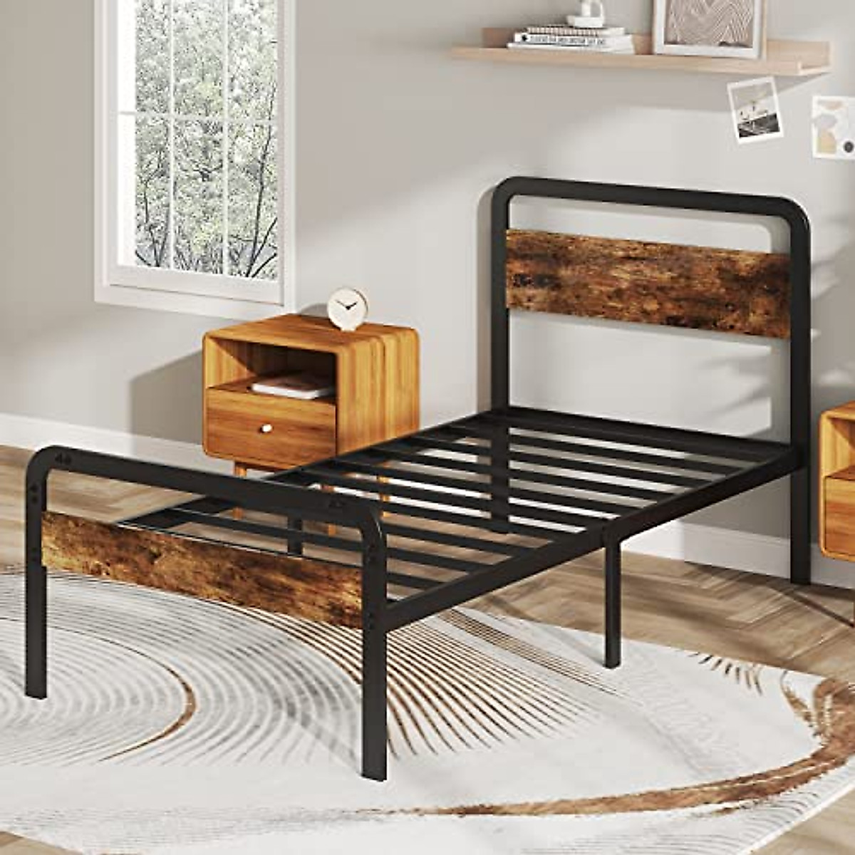 Upcanso Twin Size Bed Frame with Wood Headboard and Footboard, Platform Twin Bed Frames No Box Spring Needed with Heavy Duty Slats for Kids, Easy Assembly