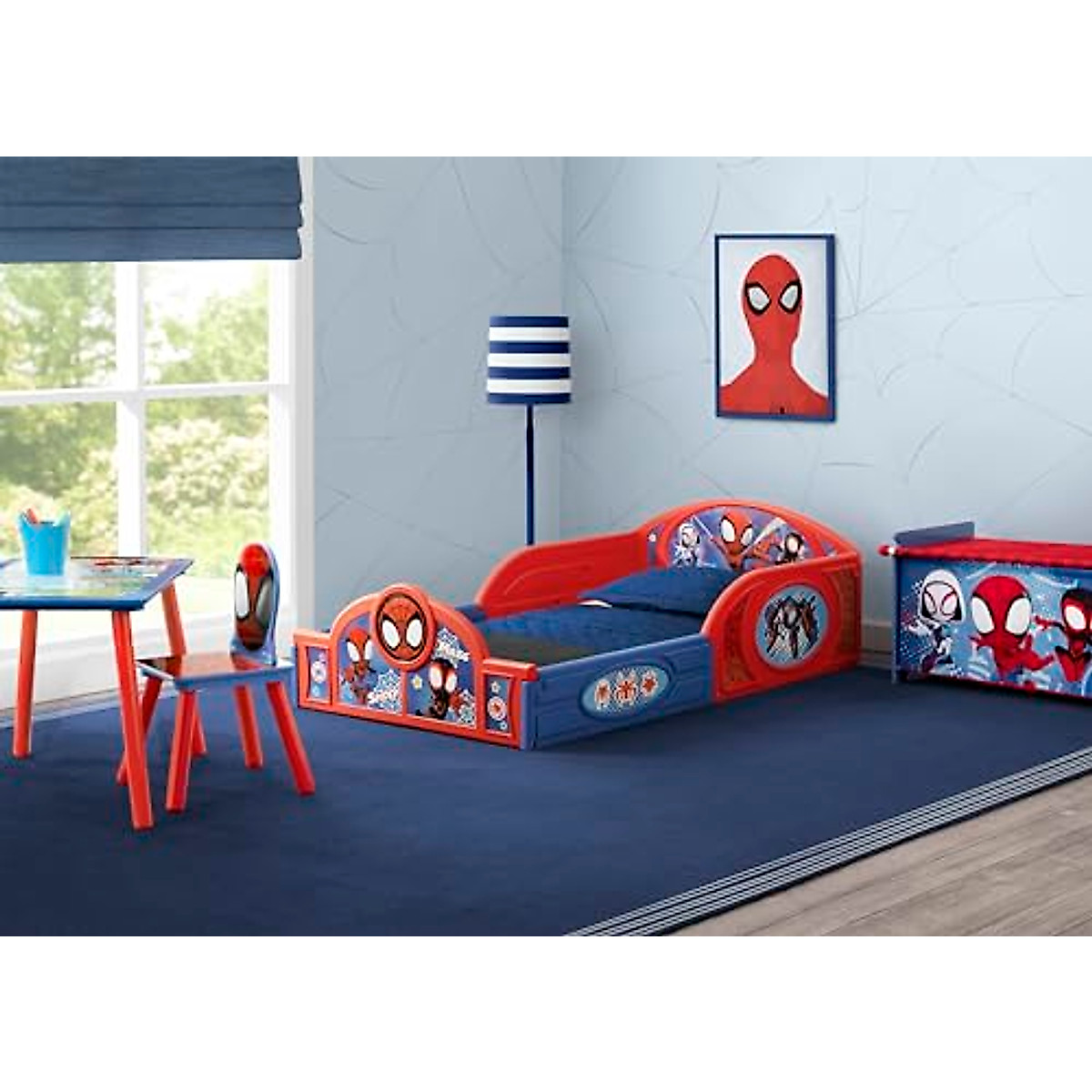 Delta Children - Marvel Spidey and His Amazing Friends 4-Piece Toddler Room-in-a-Box Set – Includes Sleep and Play Toddler Bed, Table, 1 Chair and Toy Box, Blue/Red