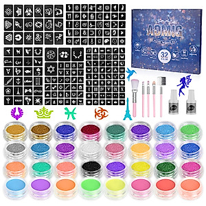 AOMIG Glitter Tattoo Kit, Kids Temporary Tattoo Set - 24 Colours Glitter, 8 Fluorescent Powder, 172 Stencils, Unique Body Nail Glitter Safe Body Make-up for Kids and Adults Birthday Party