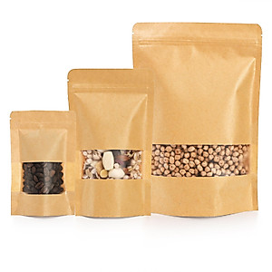 Kingrol 150 Count Kraft Paper Bags with Resealable Lock Seal Zipper &Transparent Window, Stand Up Food Bags, 3 Size - 3.5 x 5.5 Inch/5.5 x 8 Inch/7 x 10.25 Inch