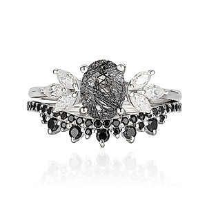 Frayerr Genuine Moissanite Ring Set,1.09 Carat Oval Cut Natural Black Rutilated Quartz Bridal Sets,Natural Black Spinel Wedding Band, Sterling Silver, rutilated quartz