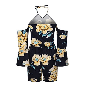 Bravetoshop Women's Plus Size Rompers Boho Off Shoulder Bell Sleeve Summer Floral Print Strapless Shorts Jumpsuit (Black,XXL)