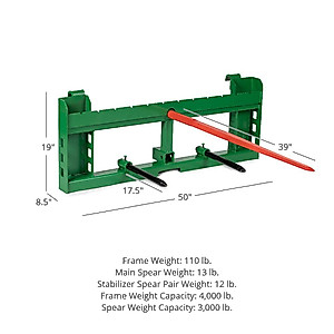 Titan Attachments Hay Frame Attachment, 39â€ Hay Bale Spear and Stabilizers, Rated 4,000 LB, Receiver Hitch, Fits John Deere Loaders