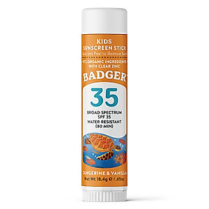 Badger Kids Sunscreen Stick SPF 35 with Mineral Zinc Oxide, Travel Size Sunscreen Stick for Kids, 97% Organic Ingredients, Reef Friendly, Broad Spectrum, Water Resistant, .65 oz