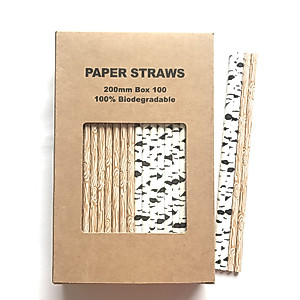 100 pcs Mixed Party Paper Straws Bulk, Cute Tree Wood Grain Black Birch Woodland Rustic Drinking Straws Bulk, Picnic Camp Safari Outdoor Birthday Baby Bridal Shower Wedding Cake Pop Sticks (Timber)